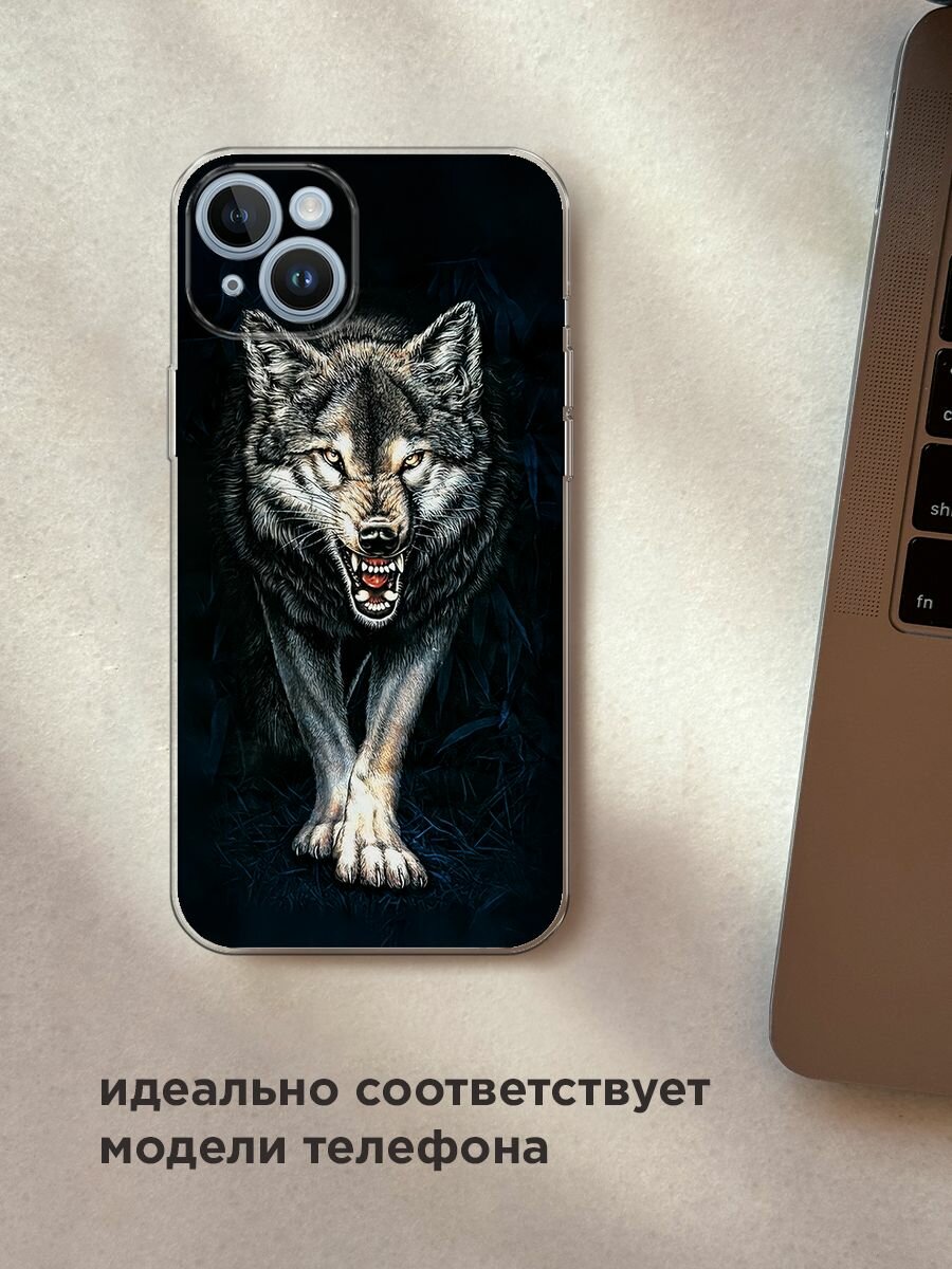 Чехол на Apple iPhone 14 / Айфон 14 с принтом "Злобный волк из ночи" — фото 1