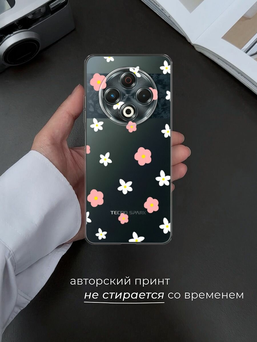 Чехол на Tecno Spark 30 / Текно Спарк 30 с принтом "Розовые и белые цветы", прозрачный — фото 1