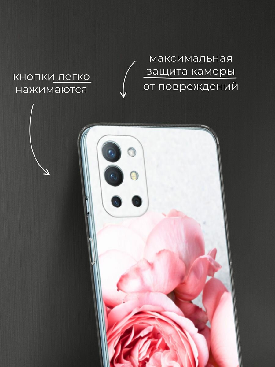 Силиконовый чехол на OnePlus 9R / ВанПлас 9R с принтом "Пионы на белом" — фото 1