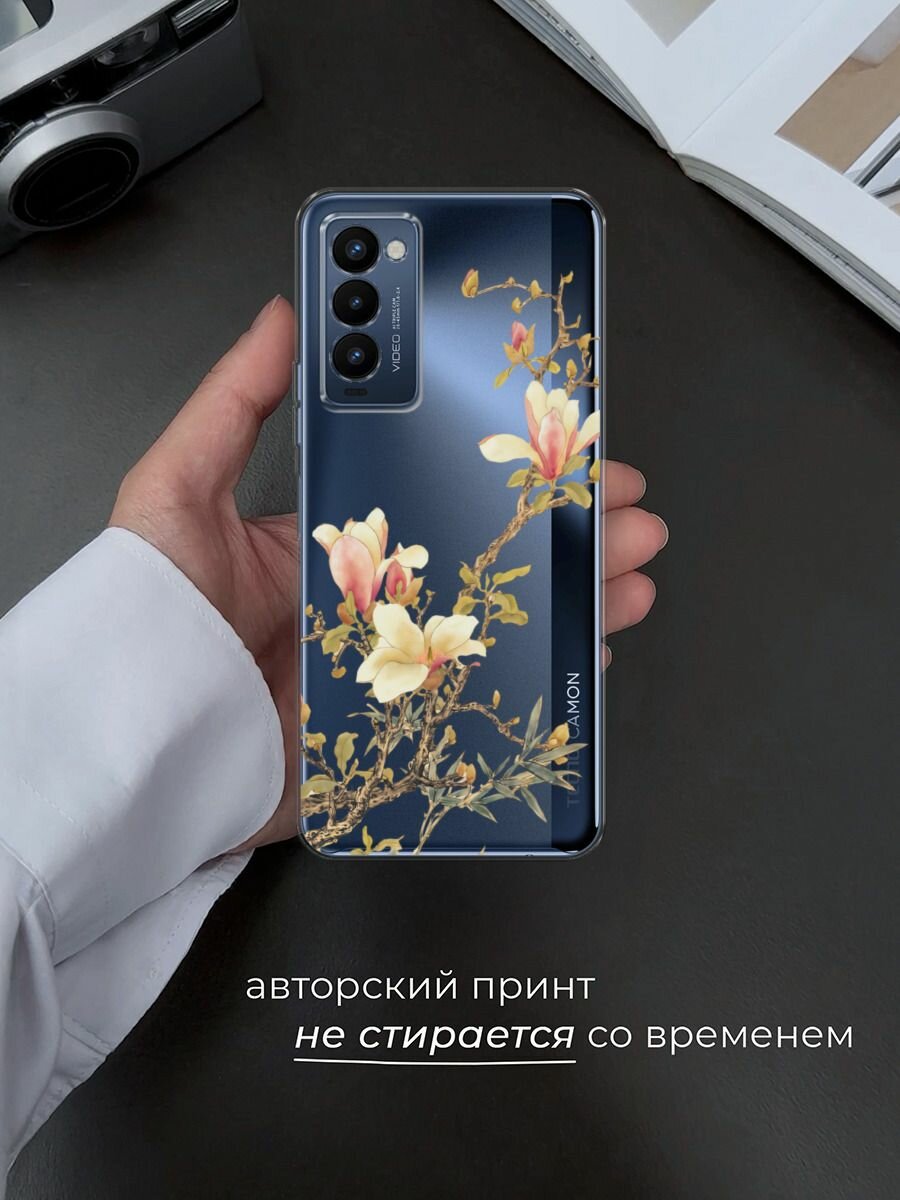 Чехол на Tecno Camon 18P / Техно Камон 18Р с принтом "Ветка с цветами", прозрачный — фото 1