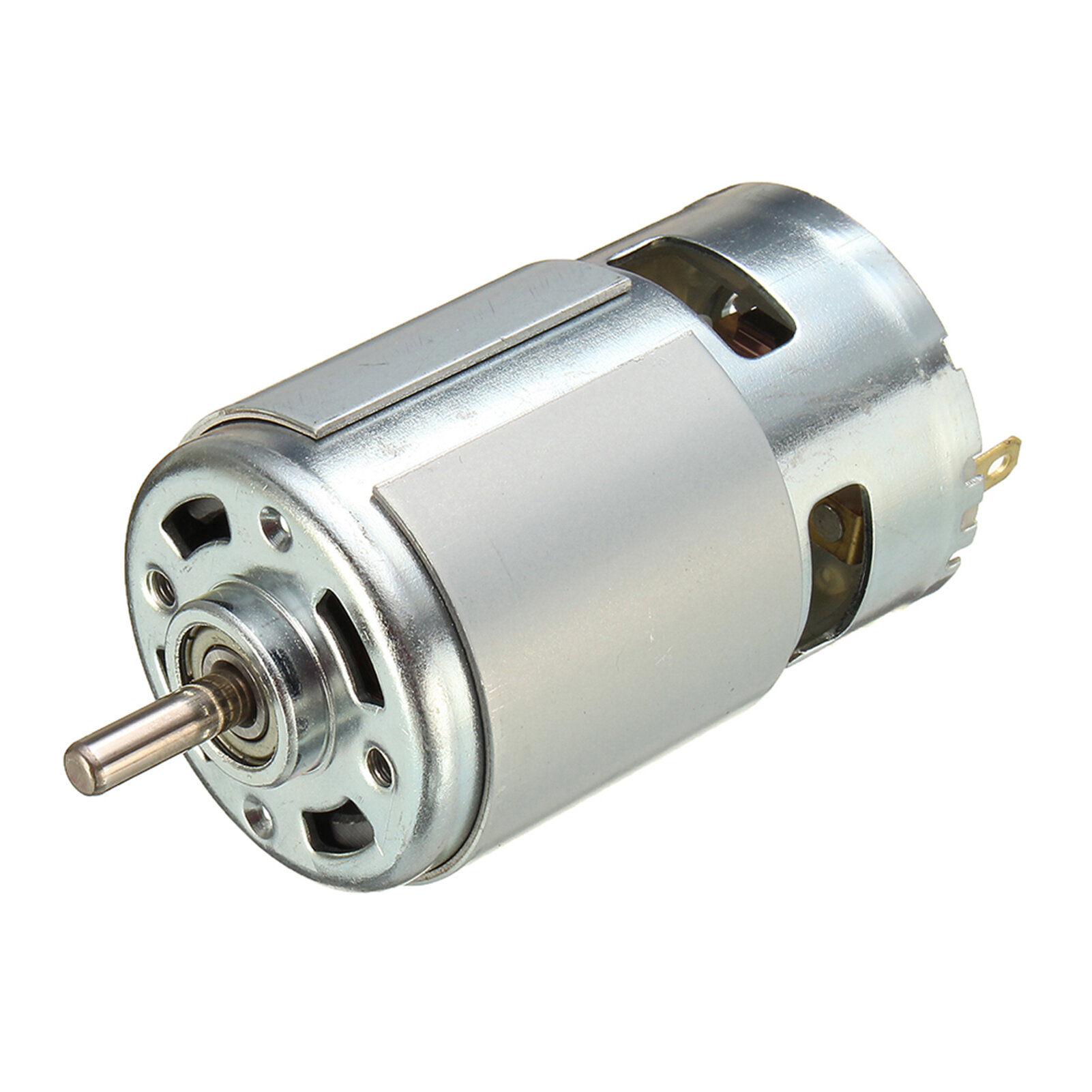 Мотор DC 775 12V-36V 3500-9000RPM с шариковым подшипником, M4, 2 mounting holes, вентилятор охлаждения, диаметр вала 5mm, длина вала 17mm, длина корпуса 66.7mm, диаметр корпуса 42mm, общая длина 98mm, диагональный шаг установки 28.8mm, 1 шт.