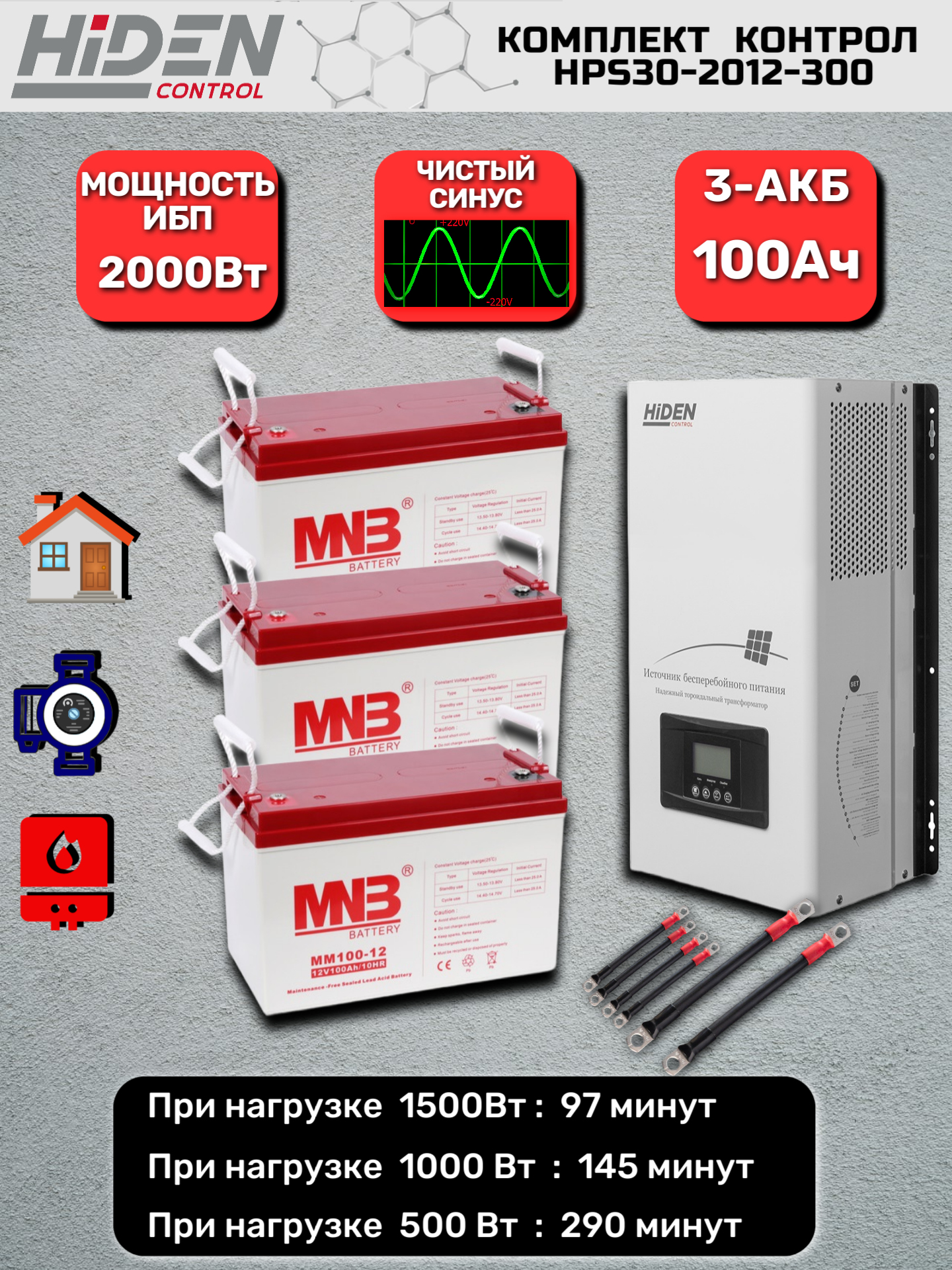 Комплект ИБП Контрол HPS30-2012-300 для дома, котельного оборудования (2кВт*300Ач)