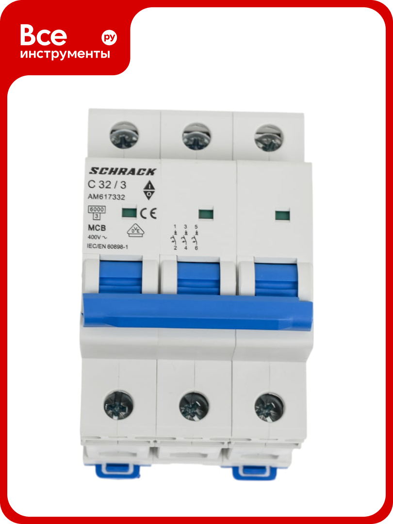 Автоматический выключатель Schrack Technik AM 6кА 3P С 32A AM617332 трехполюсный, защита IP20, монтаж на DIN-рейку
