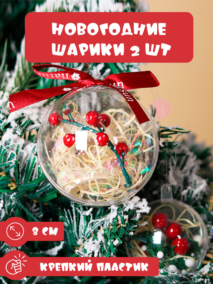 Новогодние прозрачные шарики на ёлку, елочная игрушка, набор 2 шт, пластиковые