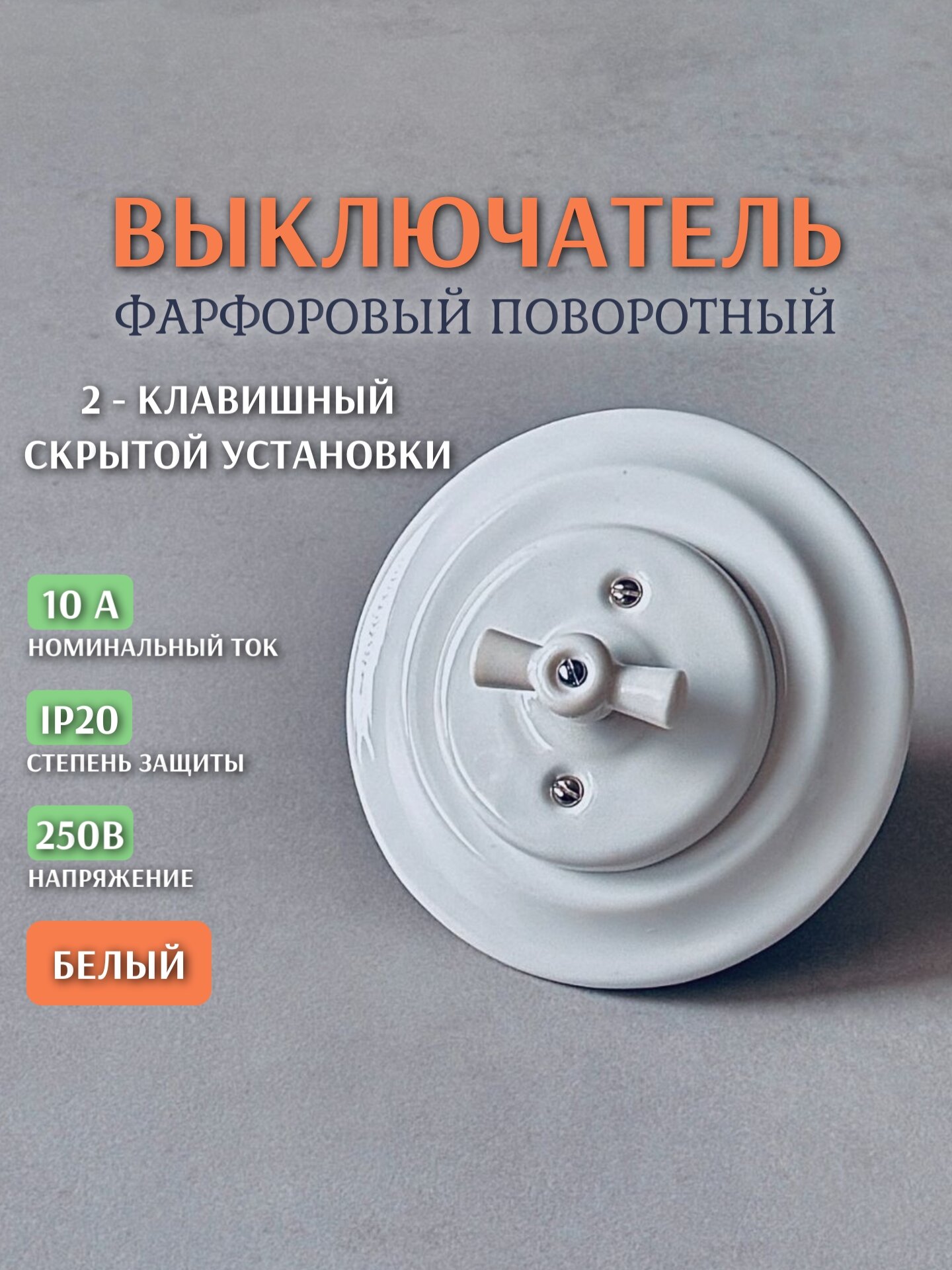 Выключатель Ретро двухклавишный, поворотный, фарфоровый, скрытой установки, 10А, белый