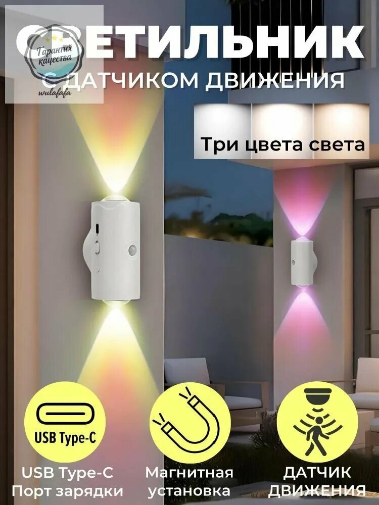 Светильник настенный бра светодиодный, ночник с датчиком движения, Три режима регулировки, type c