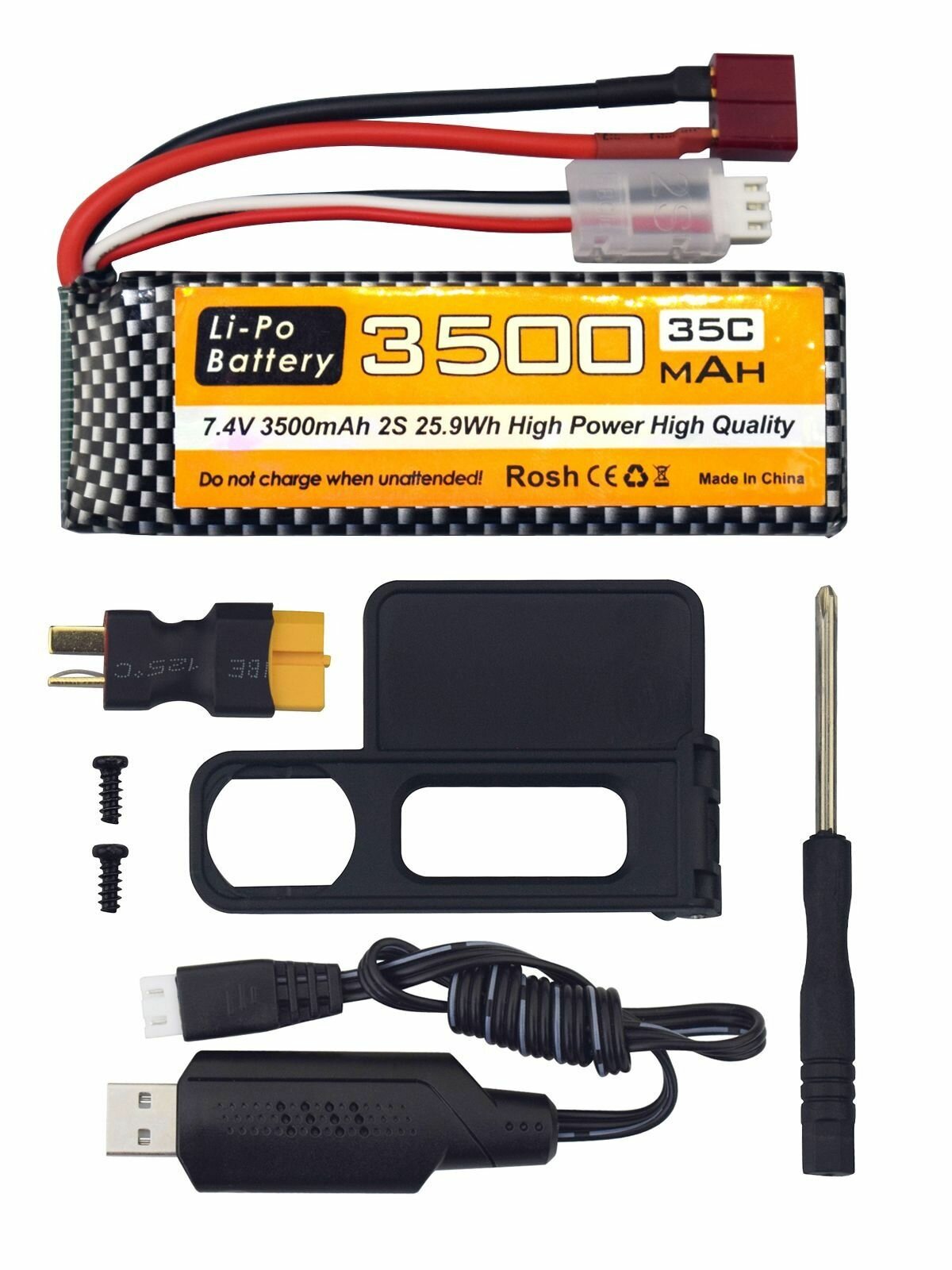 1 литиевых батарей 7.4V 2S 3500 мАч с Т - образным разъемом и 1 USB - зарядными линиями для игрушечного телеуправляемого автомобиля MJX H16P H16E H16GT H16BM H16PL 14301