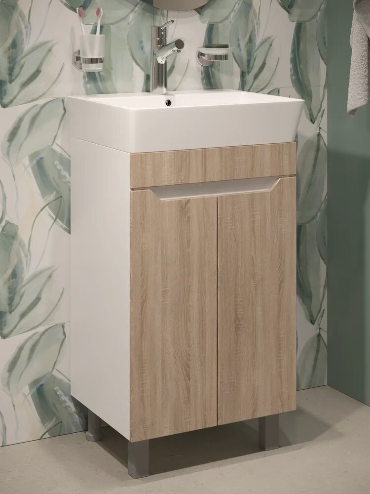 Тумба с раковиной DIWO Архангельск 50 напольная, 50 см, белая, светлое дерево, матовая, из МДФ, с дверками, раковина для ванной фаянсовая, прямоугольная, встроенный слив-перелив, с сифоном