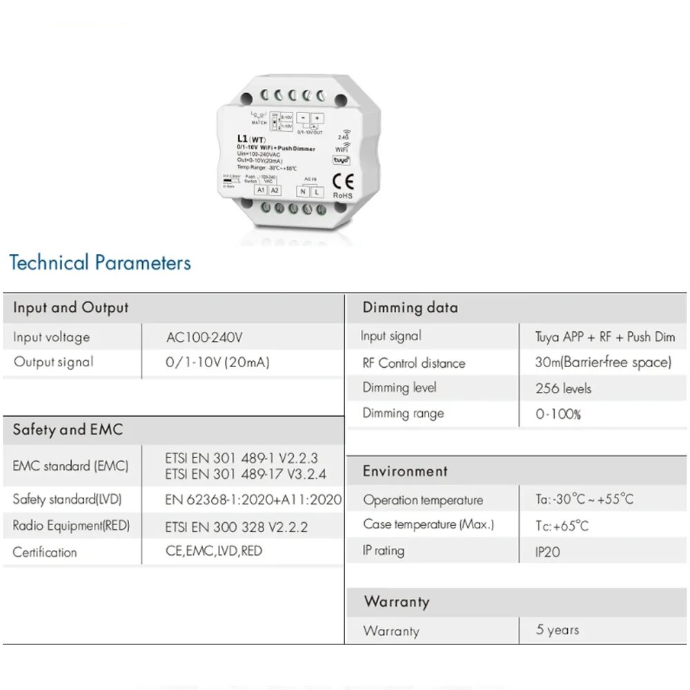Tuya Smart WiFi/Zigbee Диммер 0/1-10В Белый, L1(WT) only