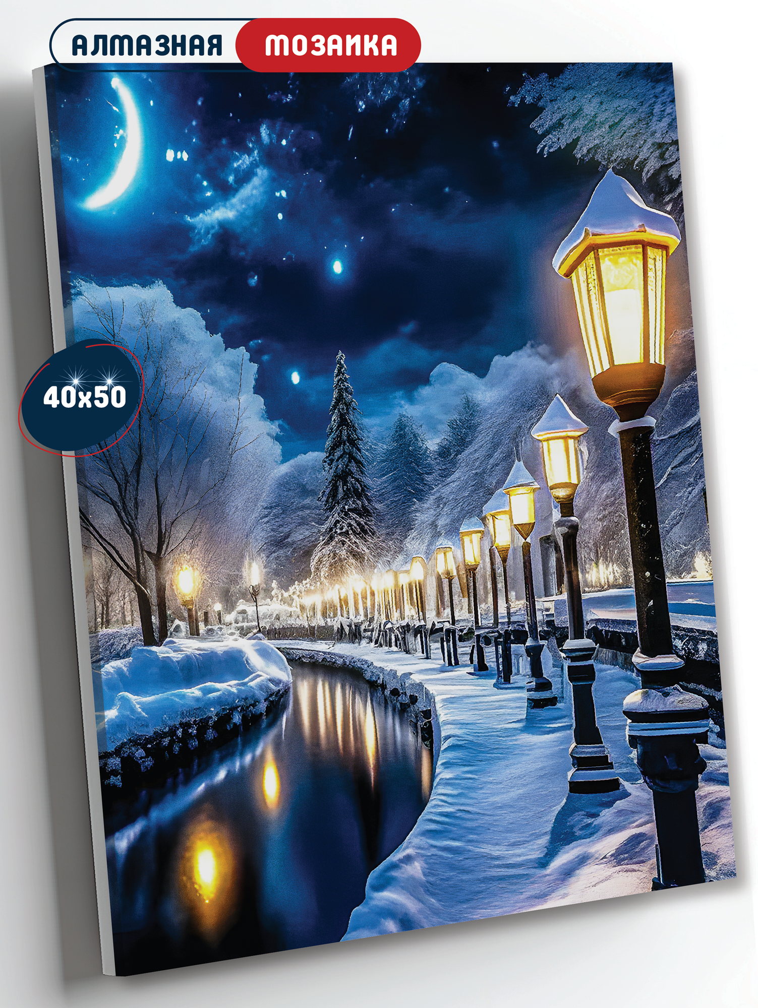 Алмазная мозаика на подрамнике "Зимняя набережная" 40х50 Полная выкладка