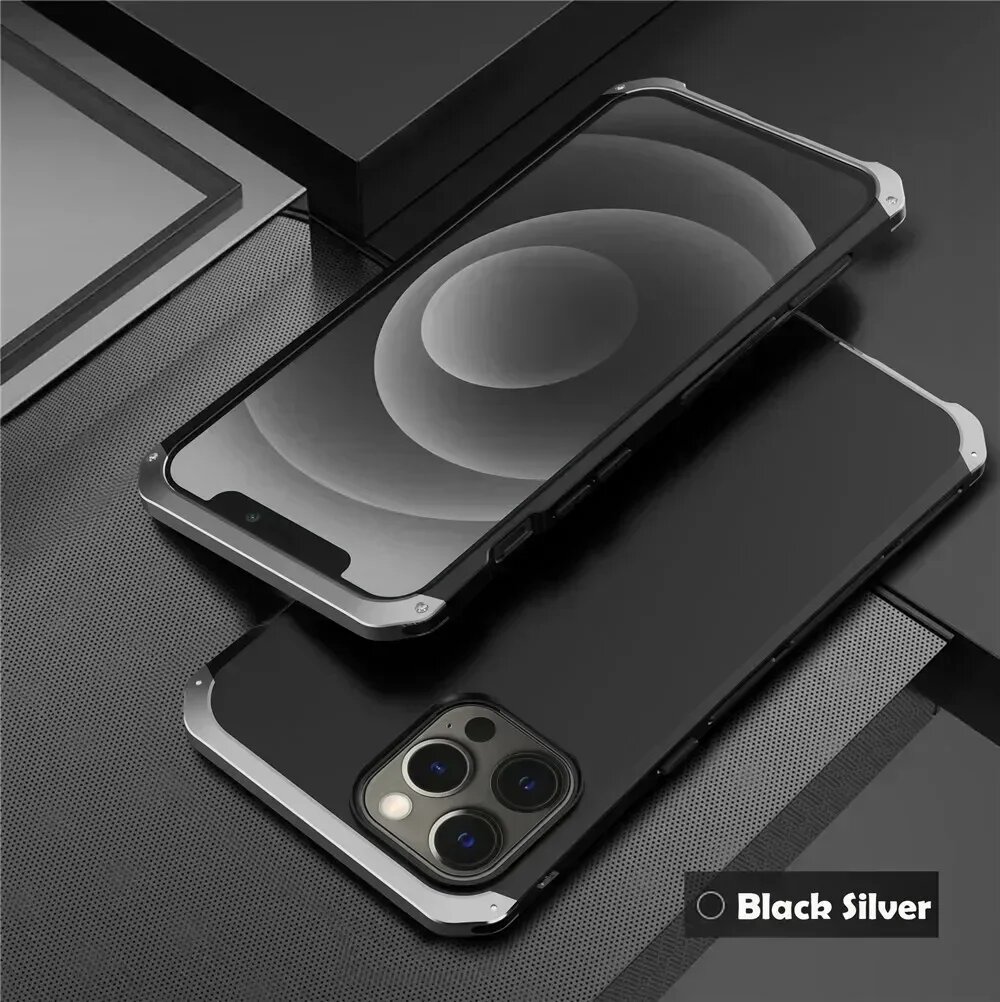 Противоударный металлический бронированный чехол для iPhone 11 Xs 12 13 14 15 16 Pro Max, алюминиевый чехол + чехол для ПК для iPhone 13 Mini 14 Plus Xr Case, Black Silver, For iPhone 13 Mini