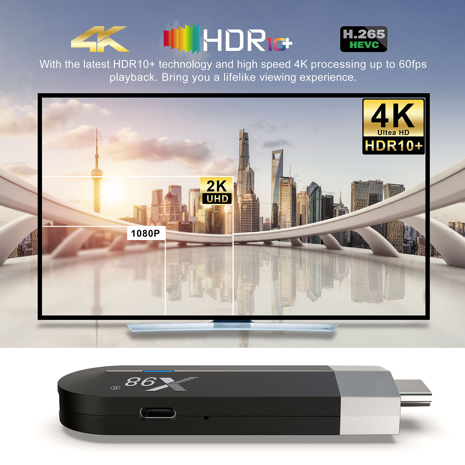 TV Stick X98 S500 Android 11.0 UHD 4K Amlogic S905Y4 2GB+16GB 2.4G/5G WiFi HDR10 H.265 VP9 Black 98*33*15mm