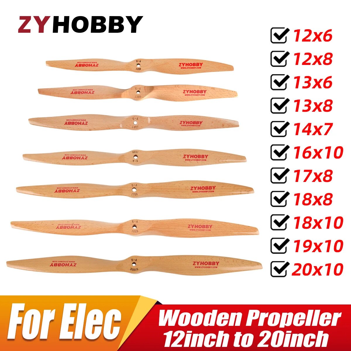 Деревянный пропеллер ZYHOBBY 12-20 дюймов для радиоуправляемой модели самолета, 20x10