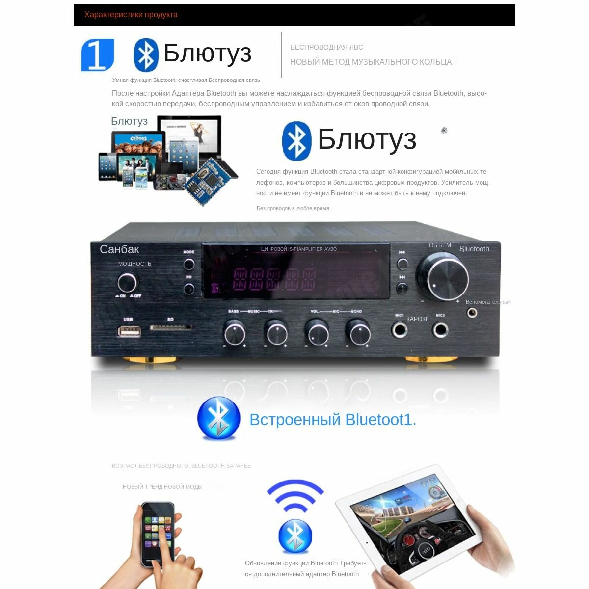 Sunbuck AV-80 Стереоусилитель Bluetooth мощностью 2000 Вт С дистанционным управлением/FM/USB/SD/2 микрофонными входами