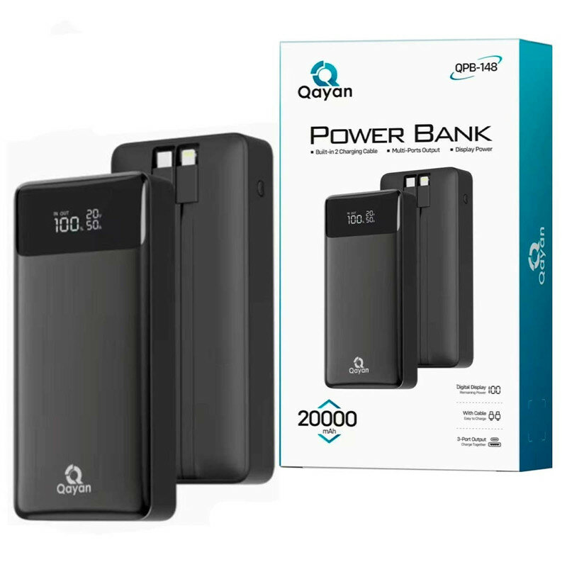 Внешний аккумулятор Qayan QPB-149 Built-in 2 Cable, LED Display, 20000 mAh, SCP22.5W/PD20W, Черный