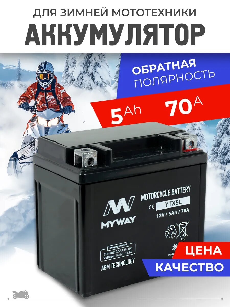 Аккумулятор для мотоцикла альфа, мопеда, скутера 12v 5ah AGM