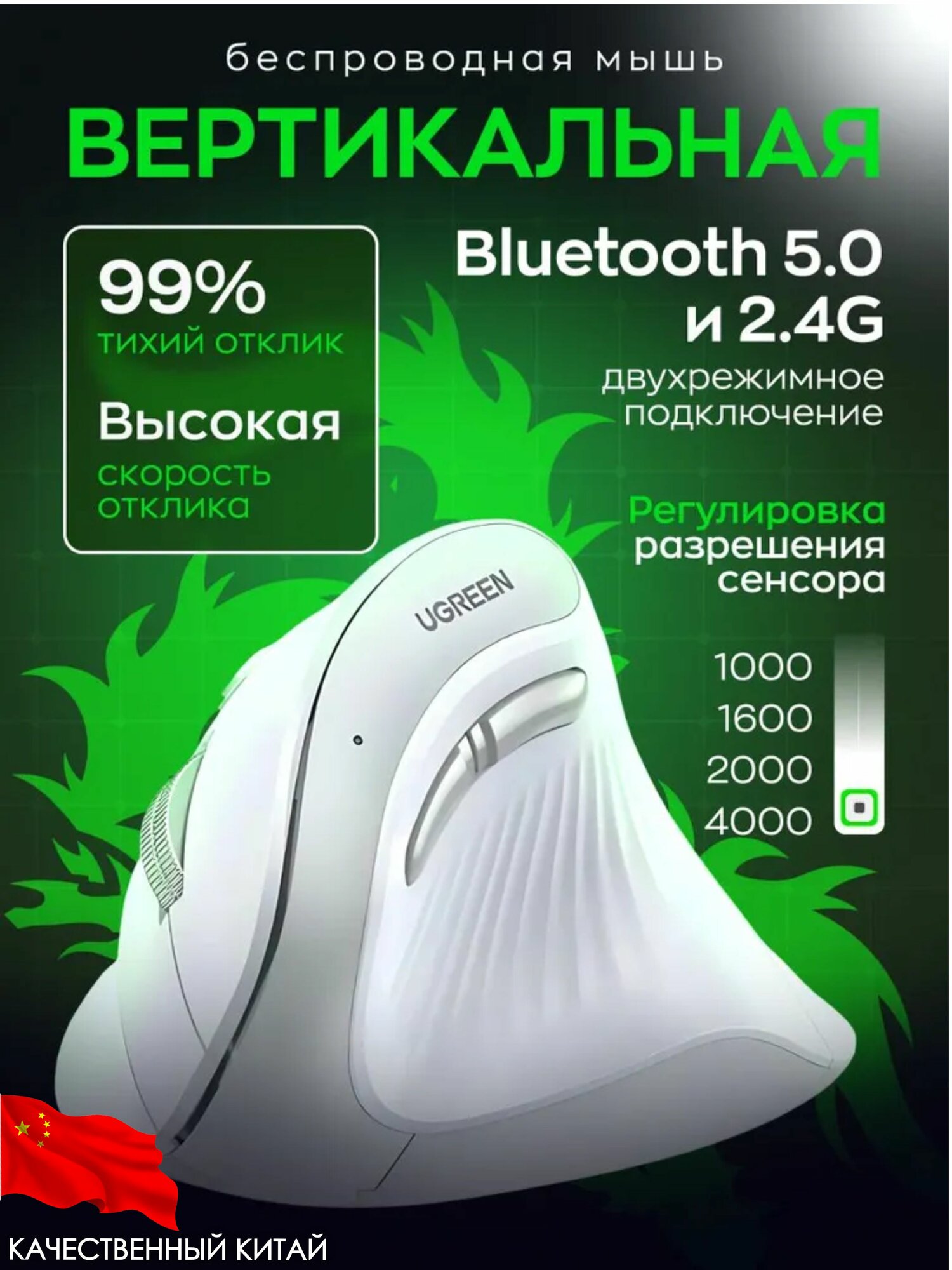 Мышь беспроводная бесшумная вертикальная UGREEN MU008 55557. Мышь компьютерная, для ноутбука, для компьютера, белый матовый