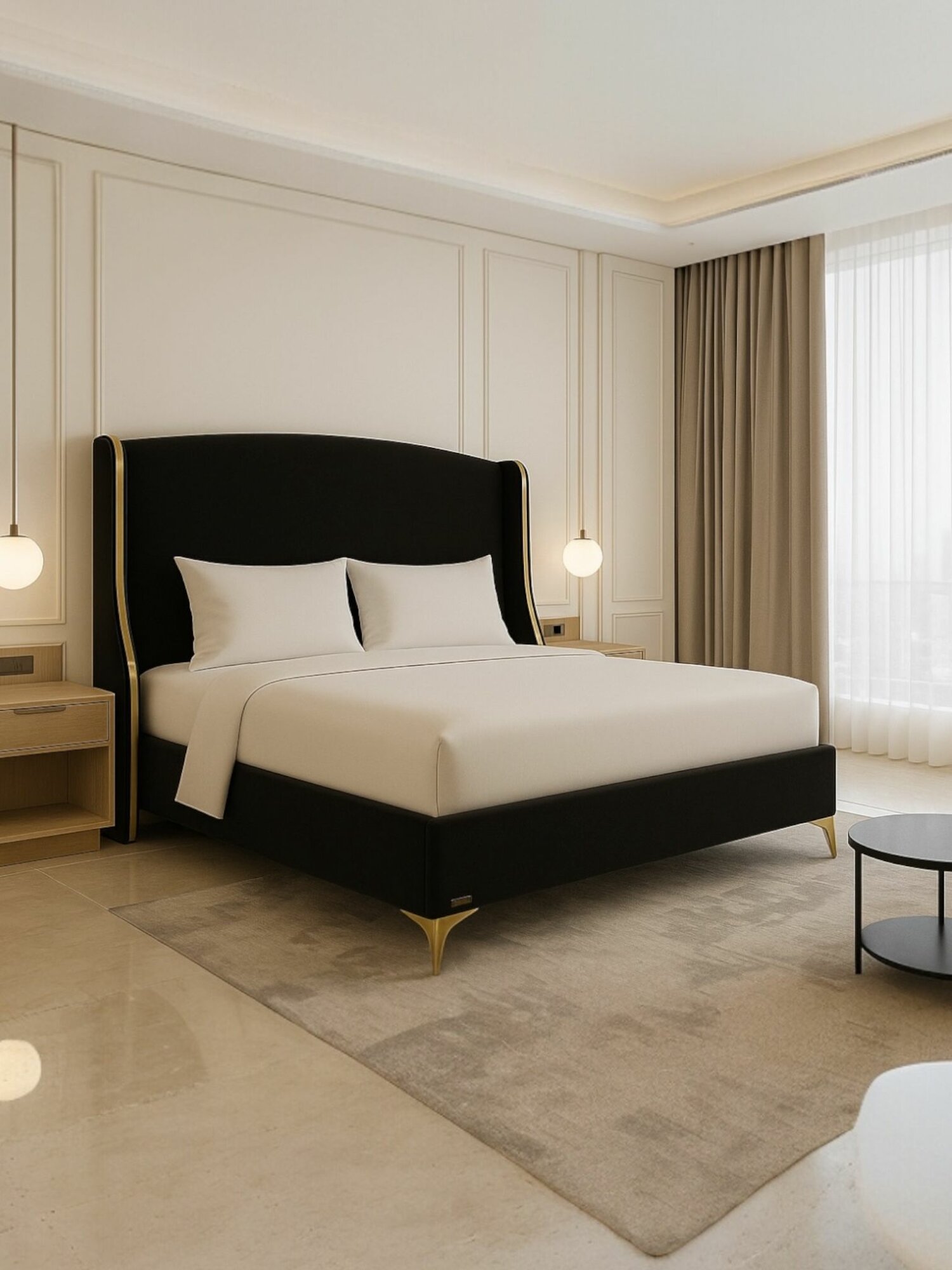 Двуспальная кровать NOTTE Joyce с мягким изголовьем, 140х200 см, неоклассика, натуральный велюр, черный, молдинг золото глянец