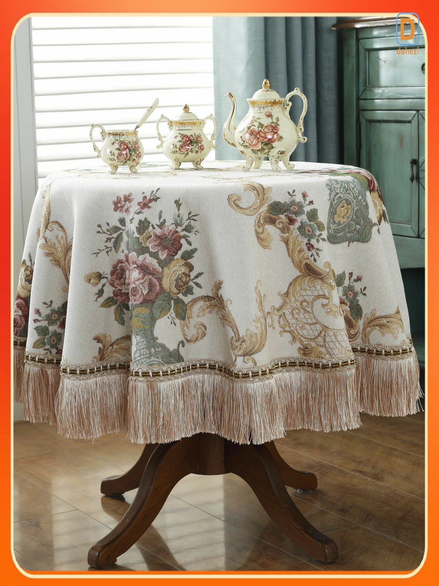 Жаккардовая скатерть, цветы в европейском стиле, скатерть с кисточками, 140х140см