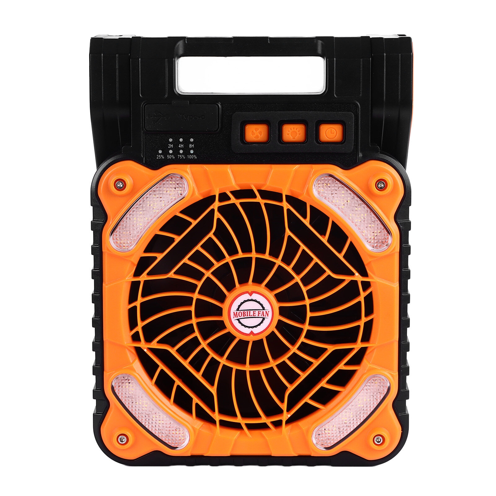 Solar Fan 5200MAH Type C Charging 4 Speed Adjustable Brushless Motor 4.5m/s Low Noise LED Timer Solar Camping Fan for Fishing Outdoor Activities Orange