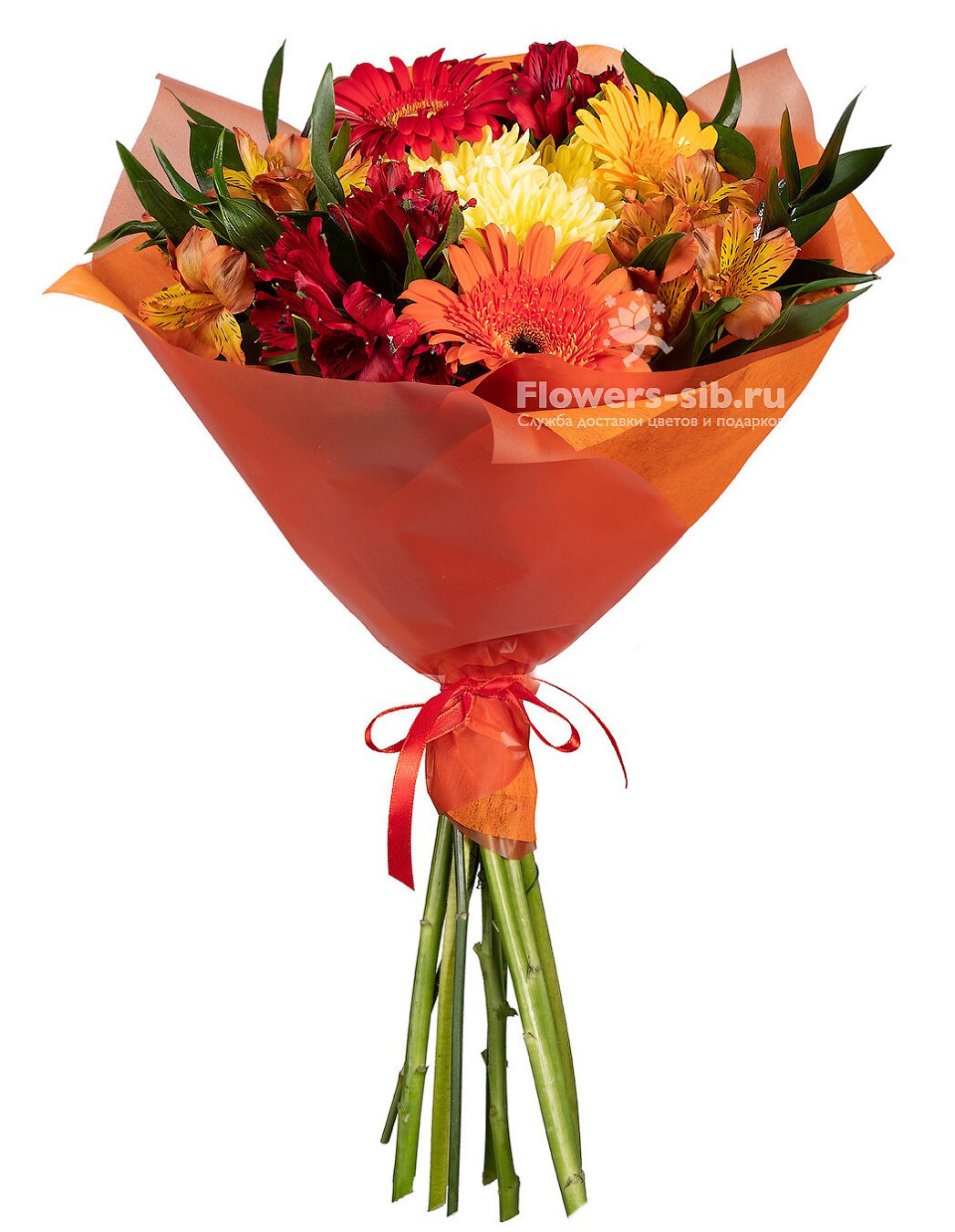 Букет из 3 гербер, 4 альстромерий, 1 кустовой хризантемы и зелени, оформленный в оригинальную упаковку