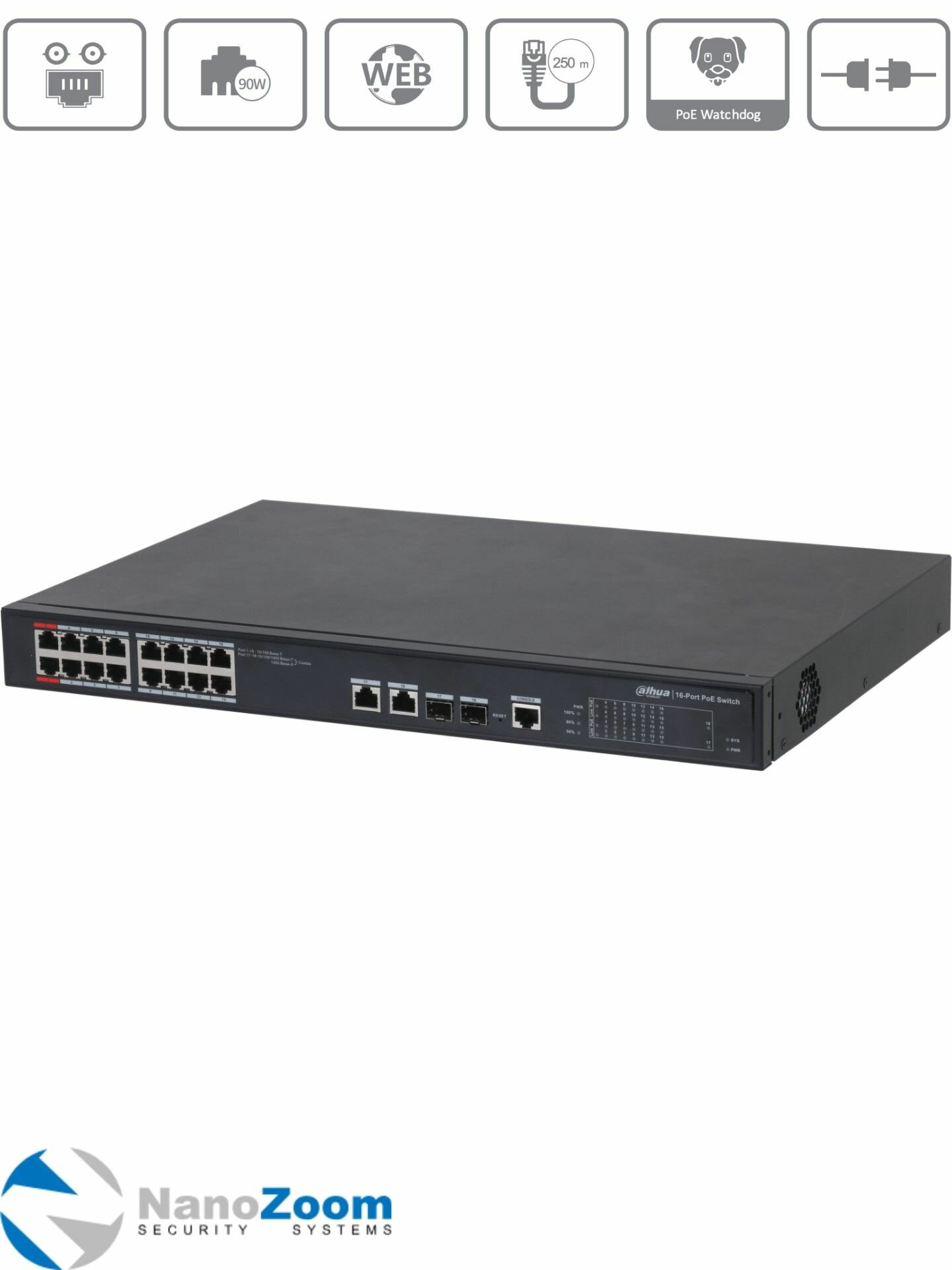 Dahua DH-PFS4218-16ET-190 18-портовый управляемый коммутатор с 16 РоЕ до 190Вт