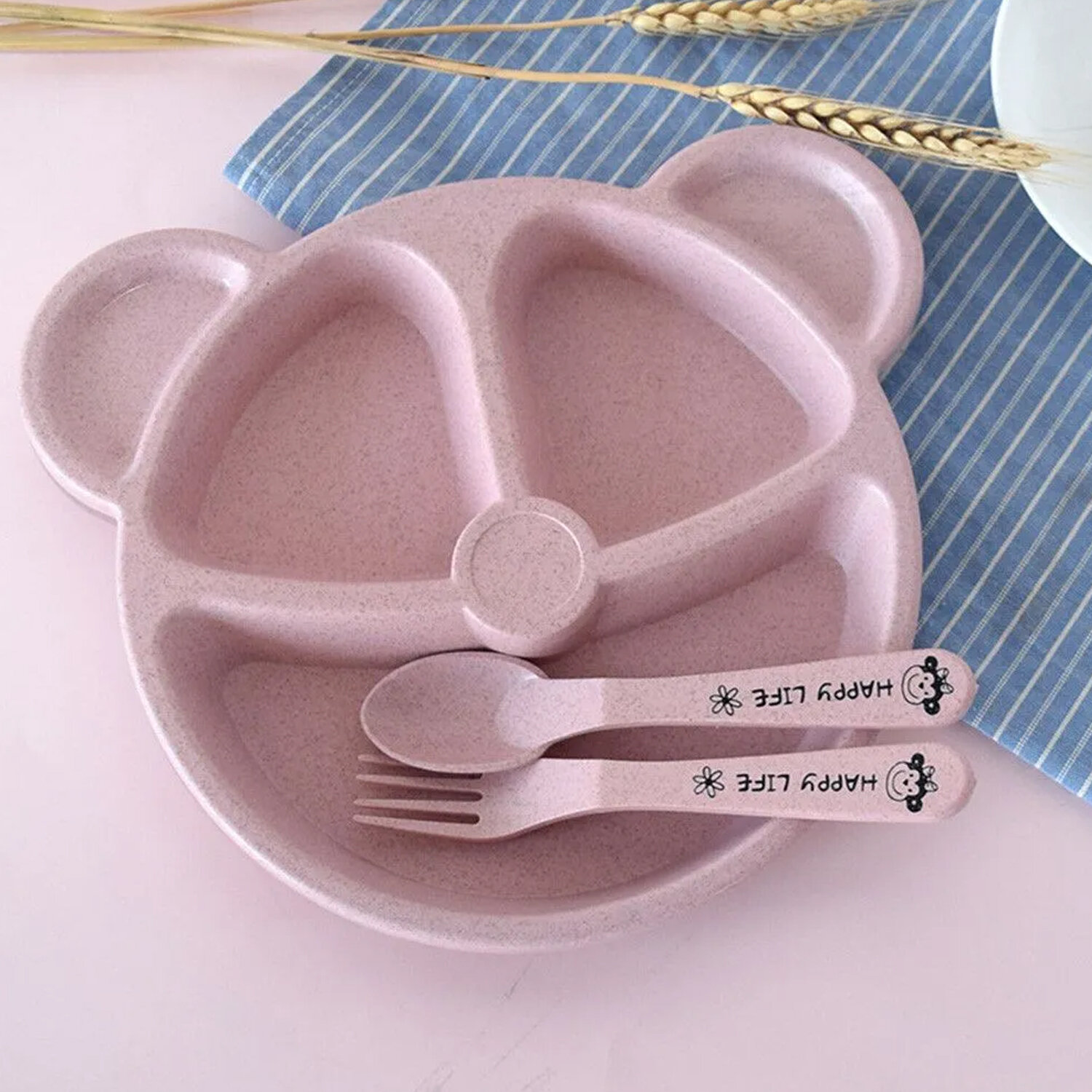 Набор посуды для детей из пшеничной соломы, детская тарелка с мультяшным медведем, 3 деталей, тарелка 20 см*20 см, ложка 15.5 см*3.3 см, миска 15.5 см*2.5 см