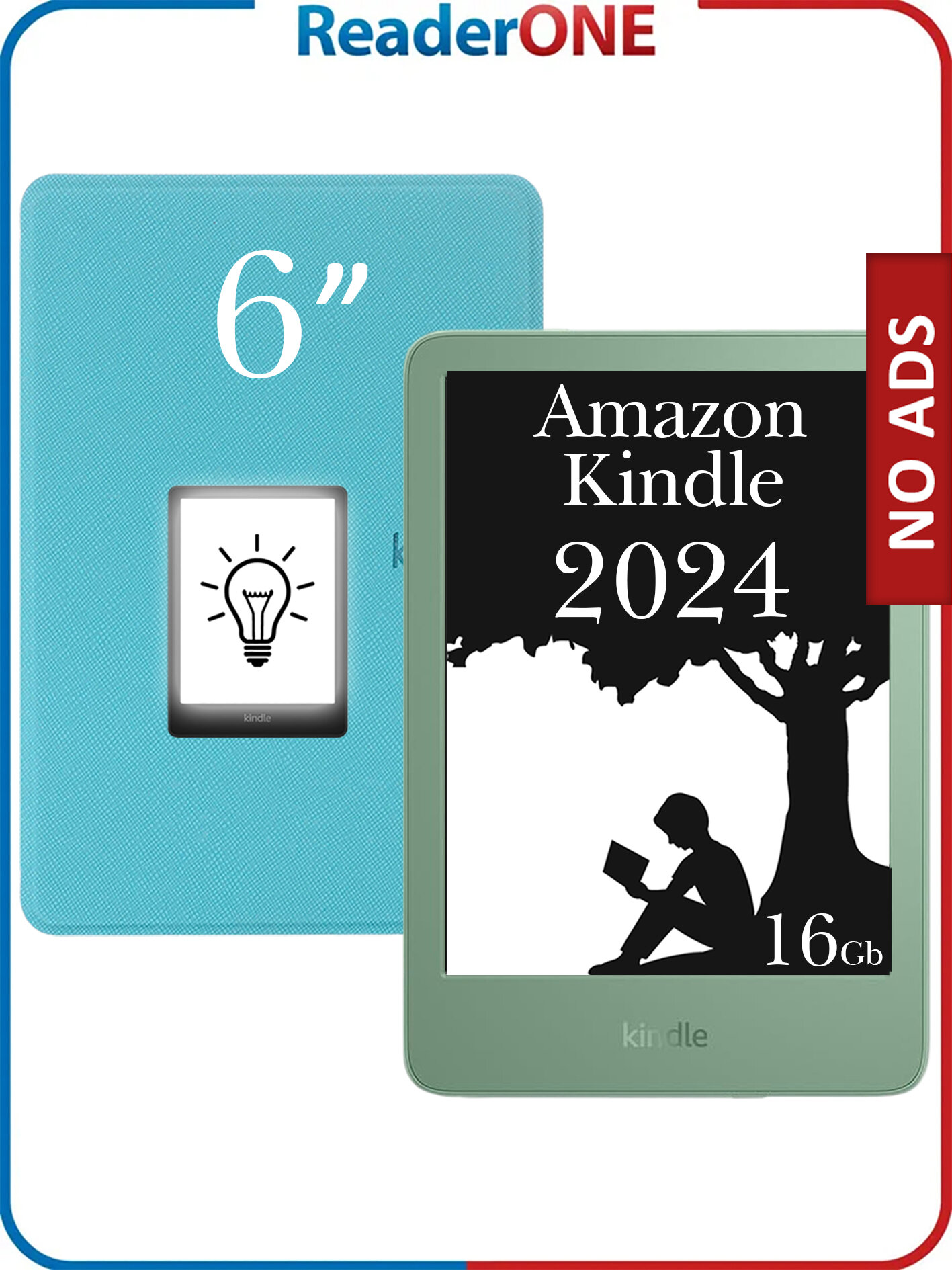 Электронная книга Amazon Kindle 11, 6 дюймов, 2024, 16 Гб, без рекламы, зеленая, с обложкой ReaderONE Light Blue