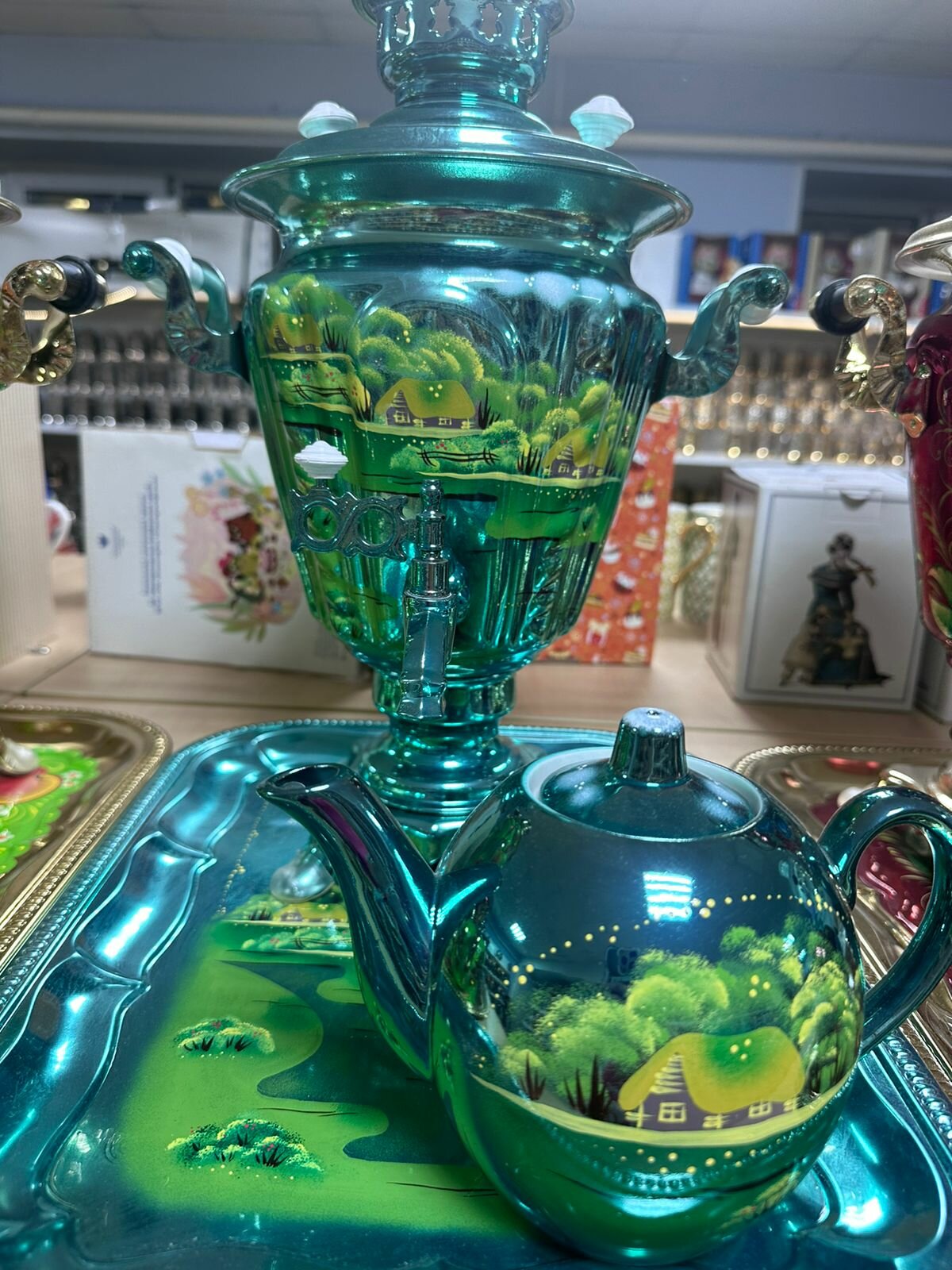 Набор самовар 3 л электрический Пейзаж на зеленом фоне