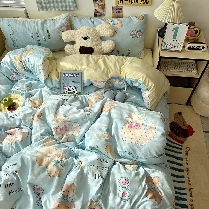 Комплект из четырех простыней из стираного хлопка с милым рисунком (класс А), осеннее постельное белье, пододеяльник для студенческого общежития, комплект из трех предметов,150*200cm