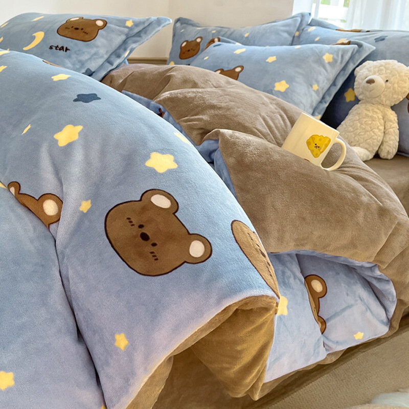 Зимний комплект постельного белья из флиса кораллового цвета из четырех предметов (класс А, пододеяльник из молочного флиса, утолщенное фланелевое постельное белье, простыни и пододеяльники на флисовой подкладке),150*200cm