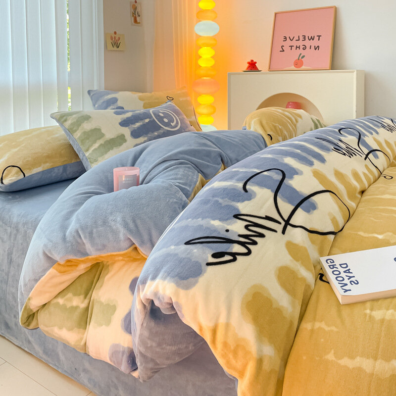 Свежий и элегантный комплект постельного белья из молочного флиса из четырех частей, зимний фланелевый пододеяльник из утолщенного молочного флиса, простыня, постельное белье для общежития,180*200cm