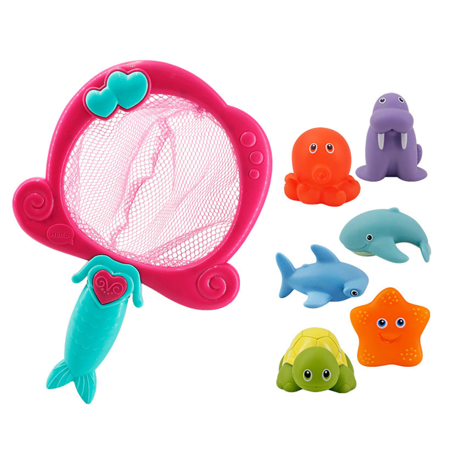 Яркая цветная игрушка для детской ванны с пищалкой BB, игрушка для ванной в форме забавного животного для дома, ванной комнаты, красная рыболовная сеть с 6 животными