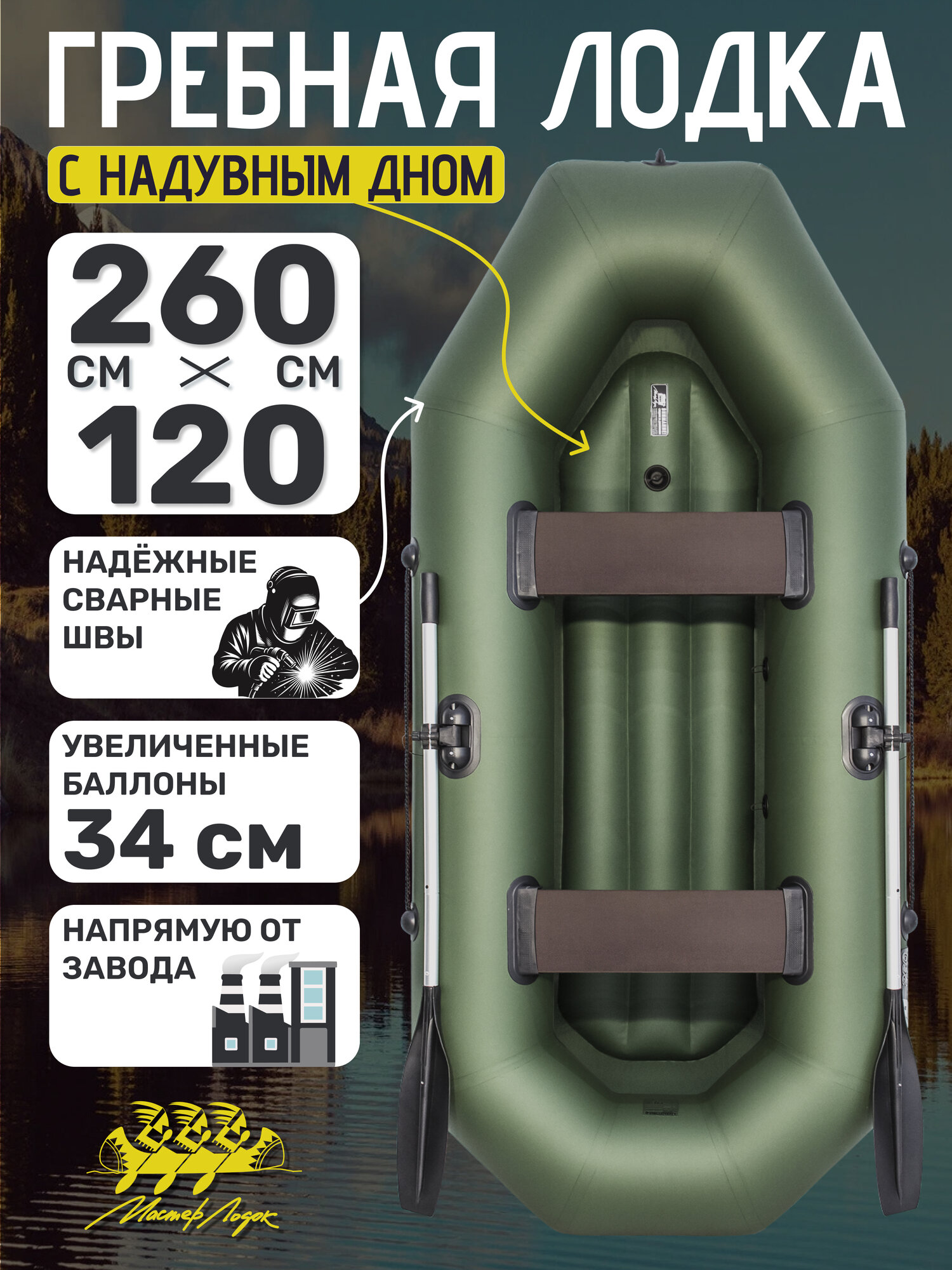 Лодка ПВХ гребная с надувным дном Атлас 260 НД для рыбалки Мастер Лодок