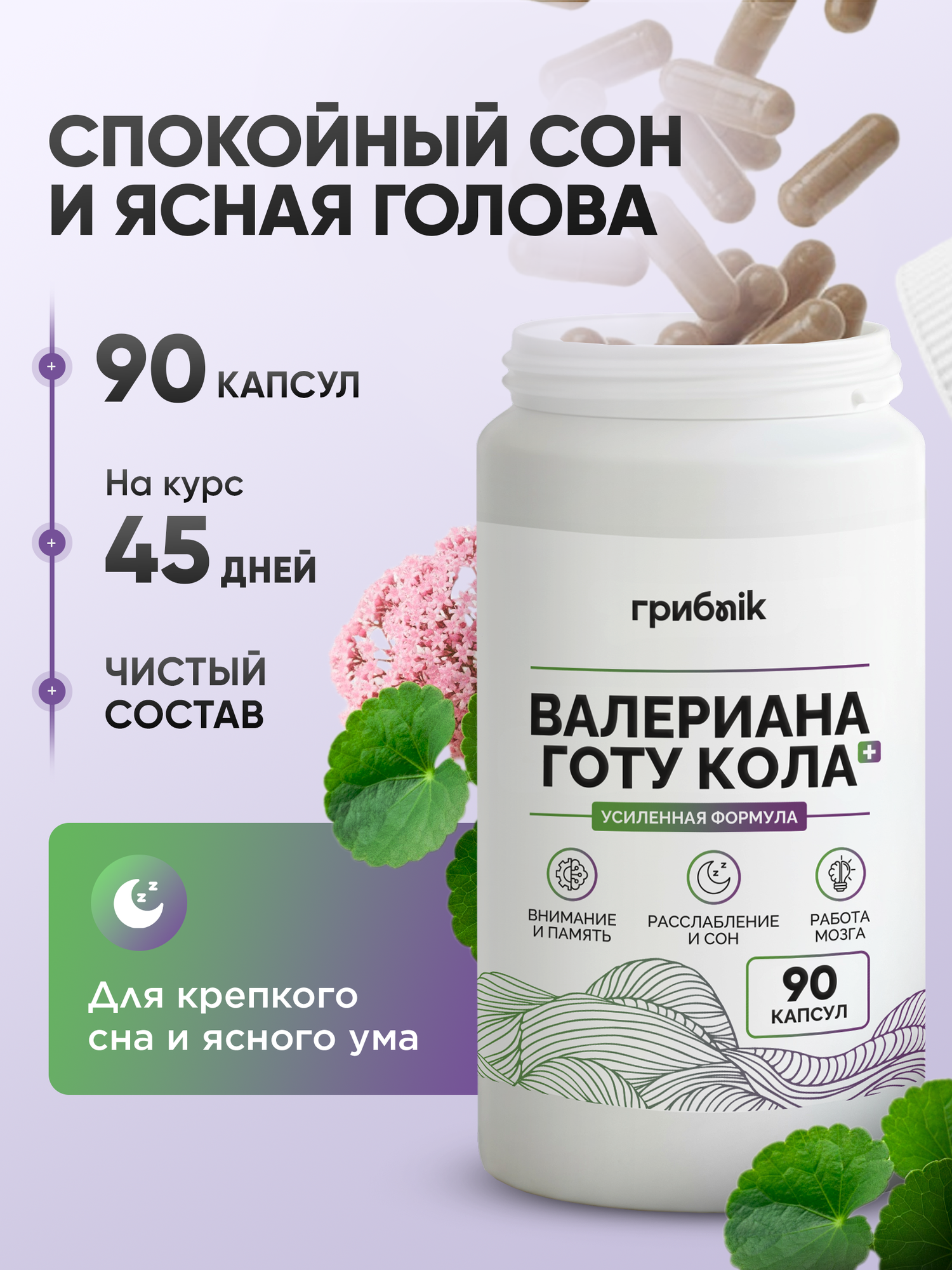 Валериана + готу кола от стресса, для мозга, для нервной системы, для сна, 90 капсул