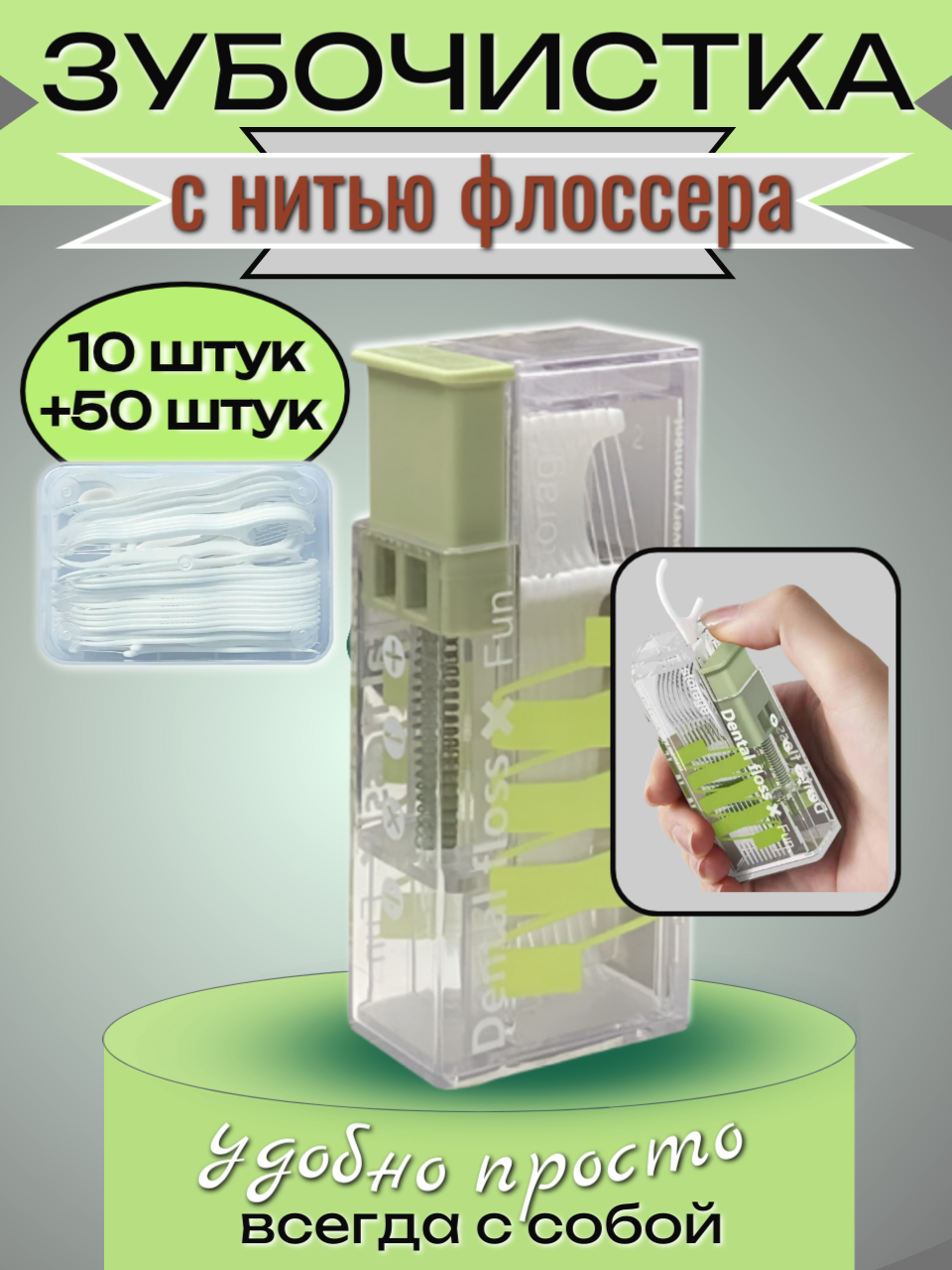 Зубочистки в кейсе с флоссером, вощеные нити, антибактериальные, в кейсе 10+50 шт