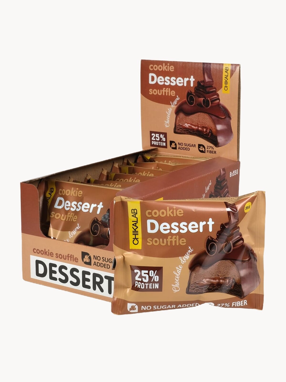 CHIKALAB Протеиновое печенье с суфле в шоколаде без сахара "Шоколадное", 8шт х 55г