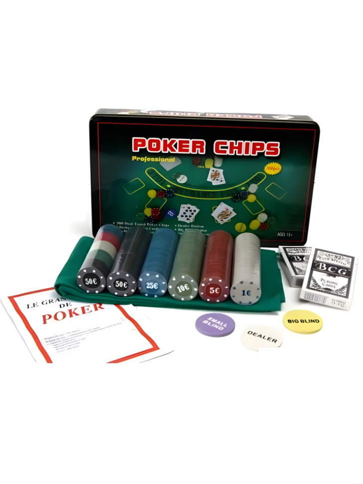 Набор для покера из 300 фишек с номиналом в жестяной коробке (с сукном)