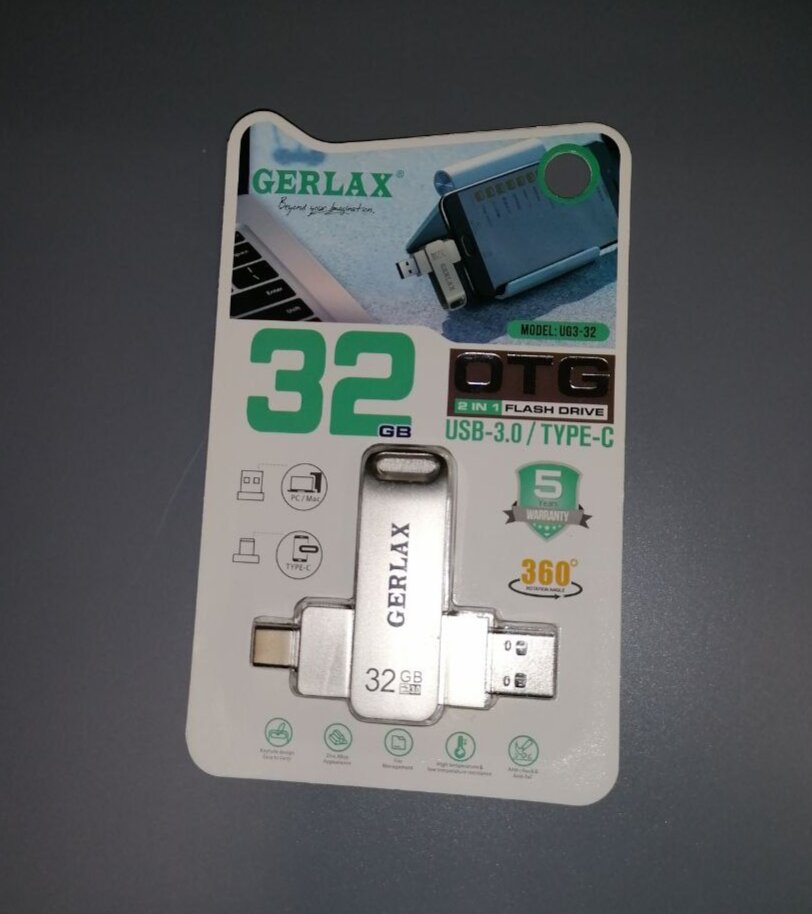 OTG 2в1 Gerlax 32Gb, metal USB 3.0+Type-c, Флешка 2в1, Серебристая.
