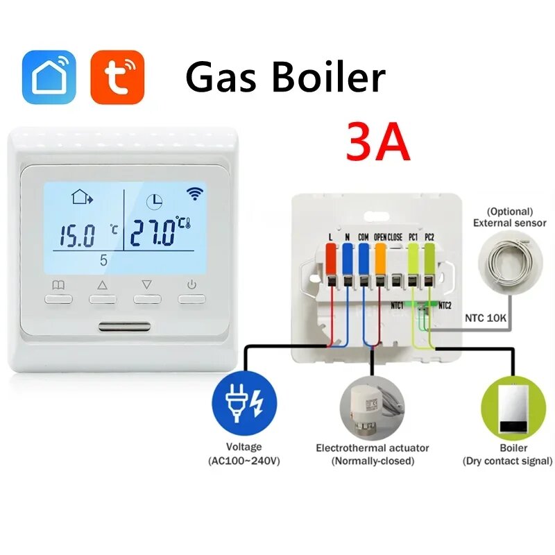 Умный термостат для газового котла Tuya Smart, 3A, Gas boiler-WiFi