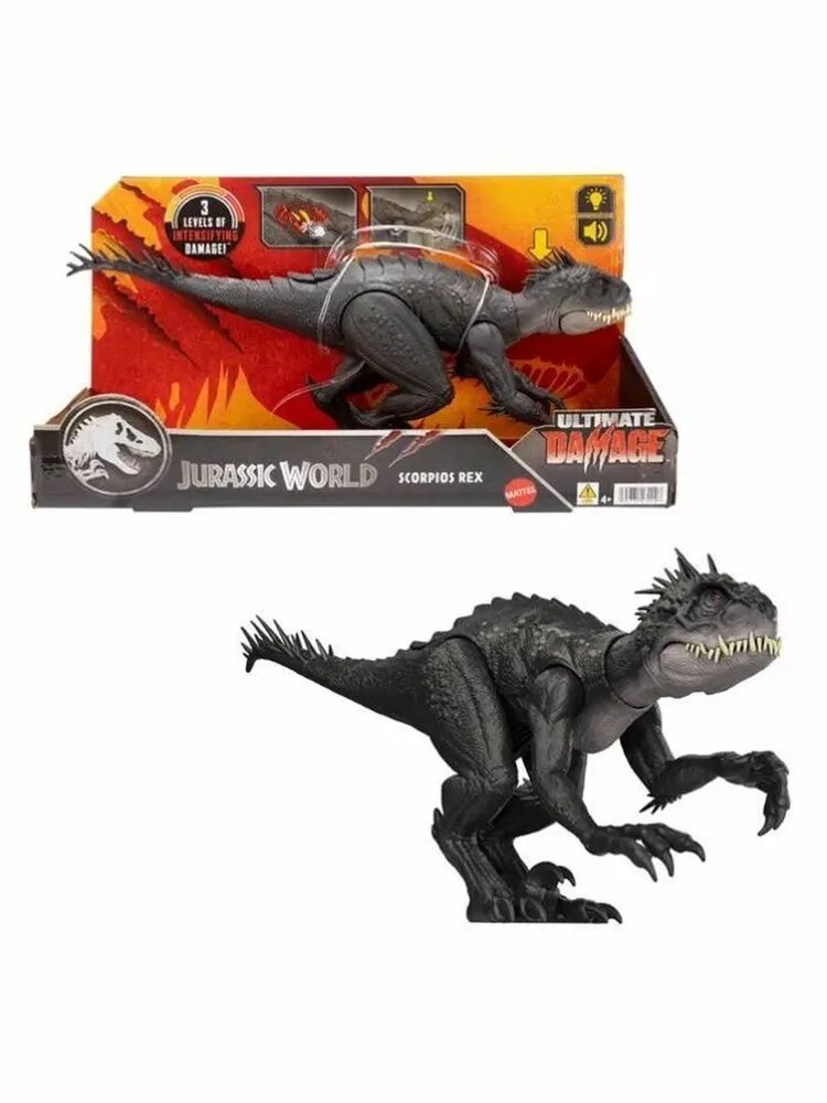 Динозавр Скорпиос Рекс Mattel Jurassic World Ultimate Damage Scorpios Rex (свет, звук) Интерактивная игрушка-динозавр для детей с шарнирными соединениями и реалистичными звуковыми эффектами.