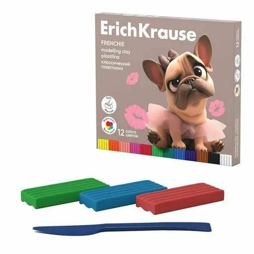 Пластилин классический Erich Krause 12 цветов, 192 г, "Frenchie", со стеком, картонная коробка (65199)