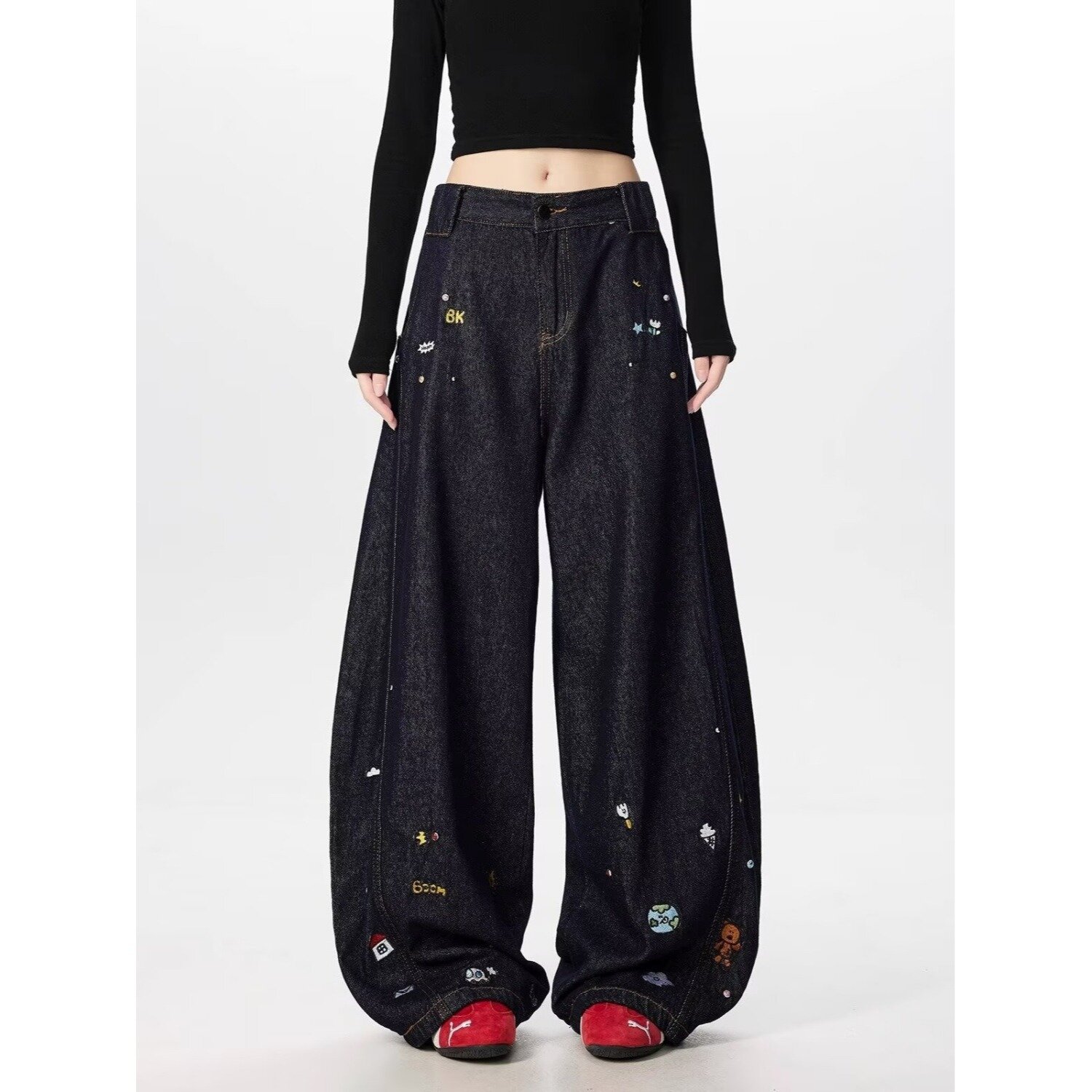 JYL Джинсы Женские Карго Винтажные Большие Карманы Стильные Деним, Размер_M