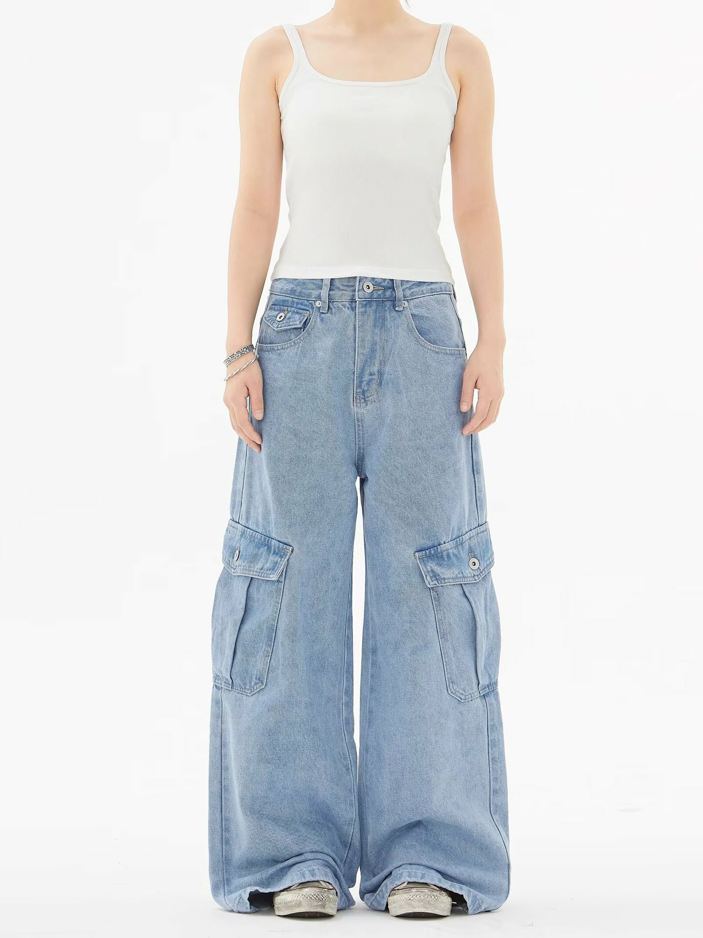 JYL Джинсы Женские Карго Винтажные Большие Карманы Стильные Деним, Размер_L