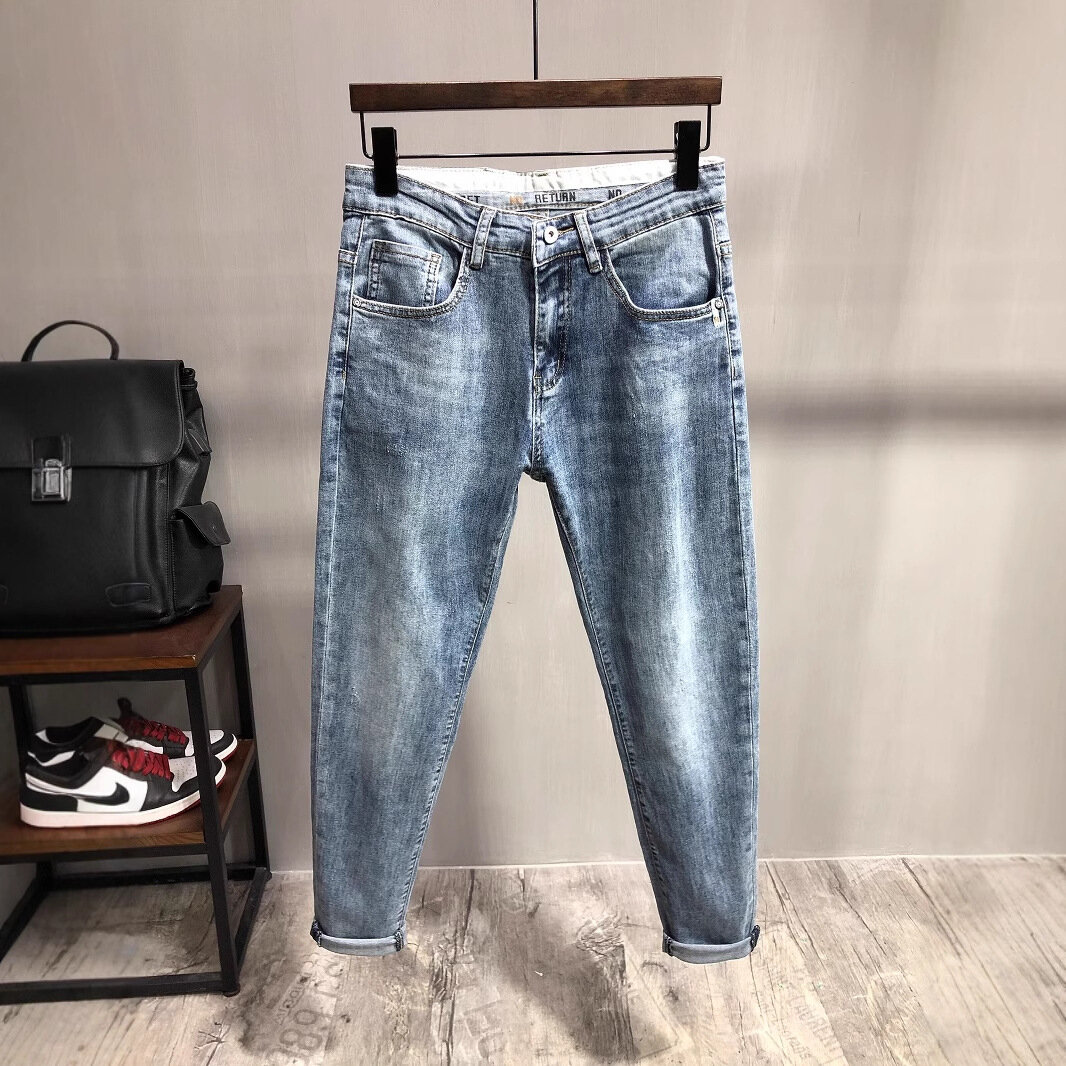 MON Мужские Джинсы Высококачественные Однотонные Слим Кроп Белые Кэжуал Деним, Размер_32