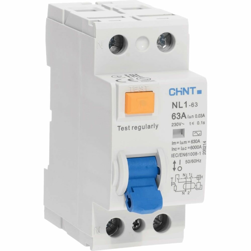 Выключатель дифференциального тока (УЗО) 2п 63А 30мА тип AC 6кА NL1-63 (R) CHINT 200214