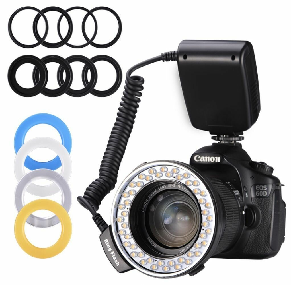 Макро-светодиодная кольцевая вспышка для Nikon, Canon, Olympus, Pentax, Panasonic, Fujifilm