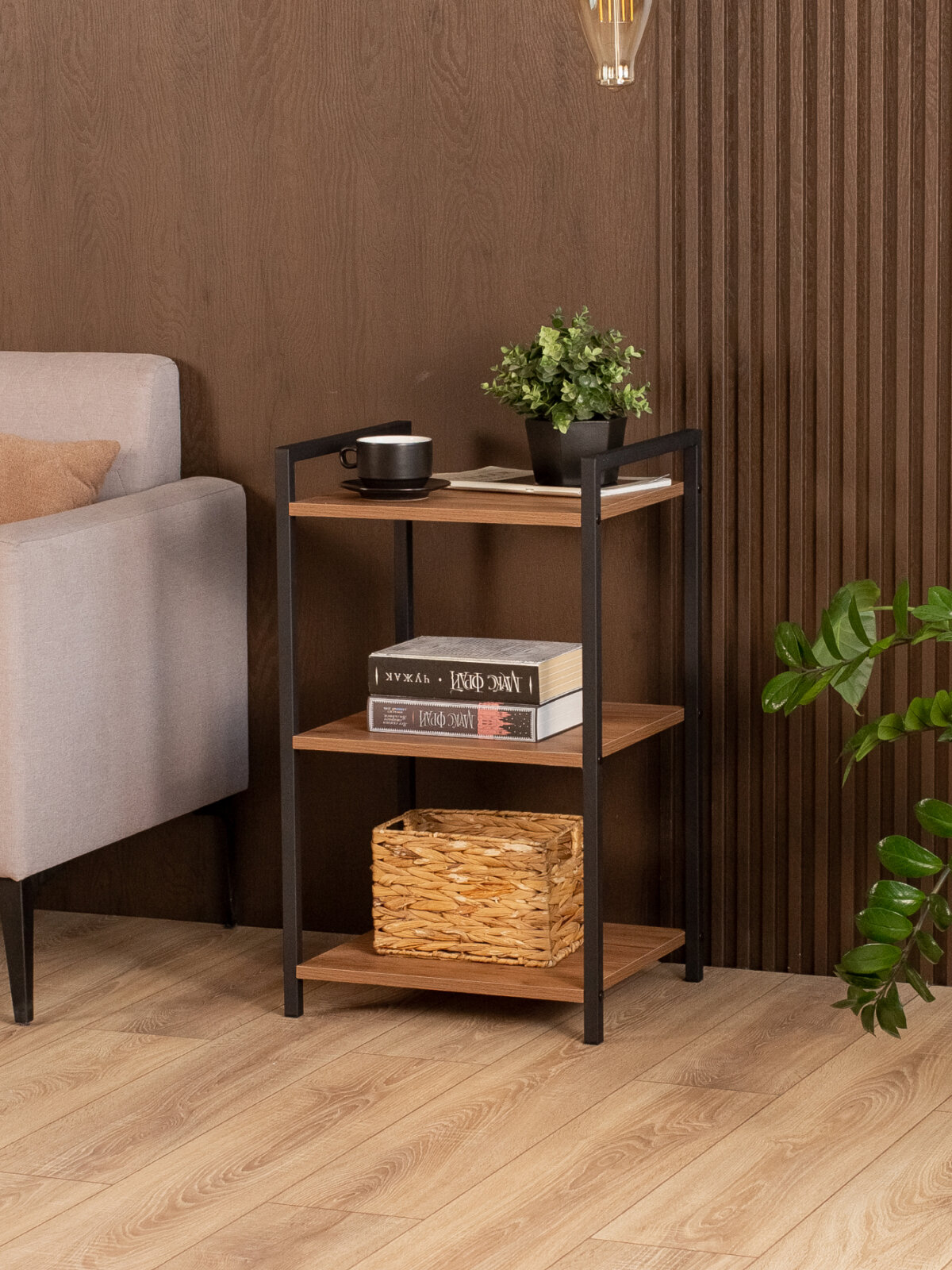 Стеллаж металлический с полками в стиле лофт Двина черный/коричневый