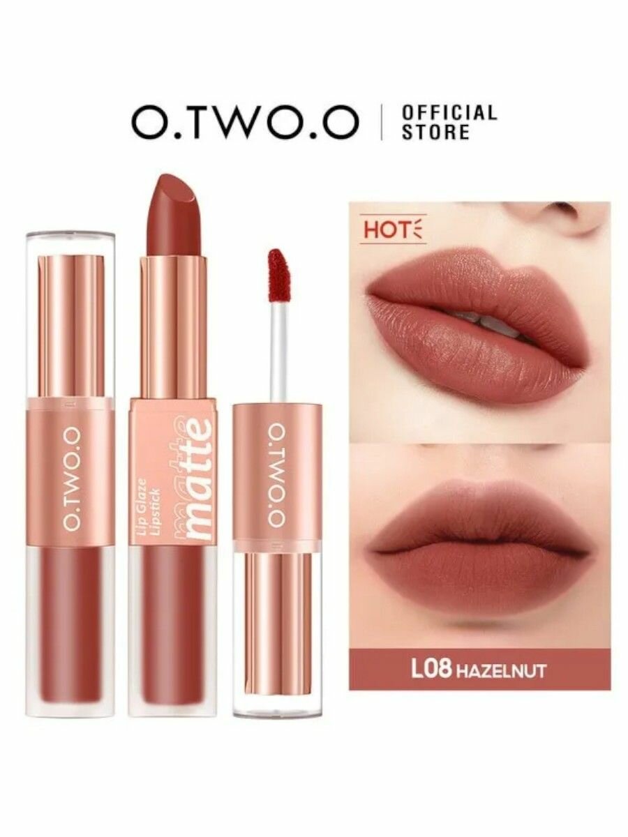 Помада для губ матовая O.TWO.O 2 в 1 помада и тинт стойкая тон 08 Hazelnut (светло-розовый)