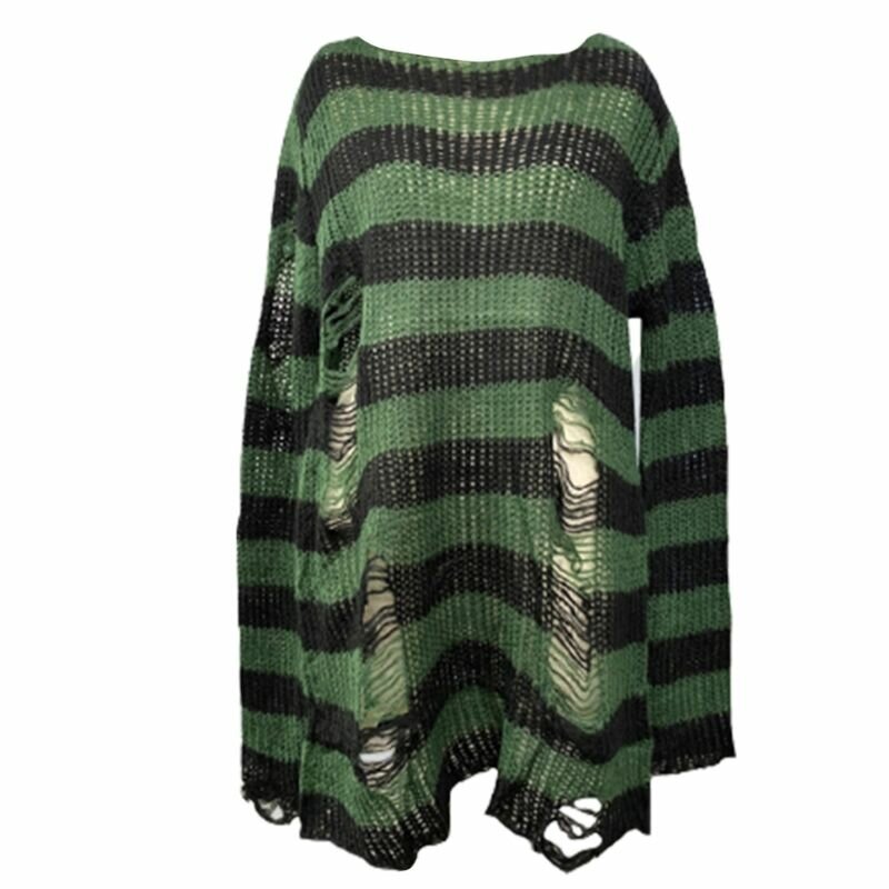 Полосатый рваный свитер средней длины-длинный черно-зеленый